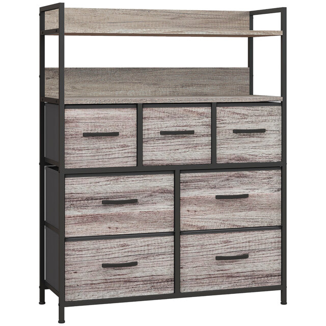 HOMCOM Rustic Chest of Seven Fabric Drawers - Grey Wood Effect - Aosom ...