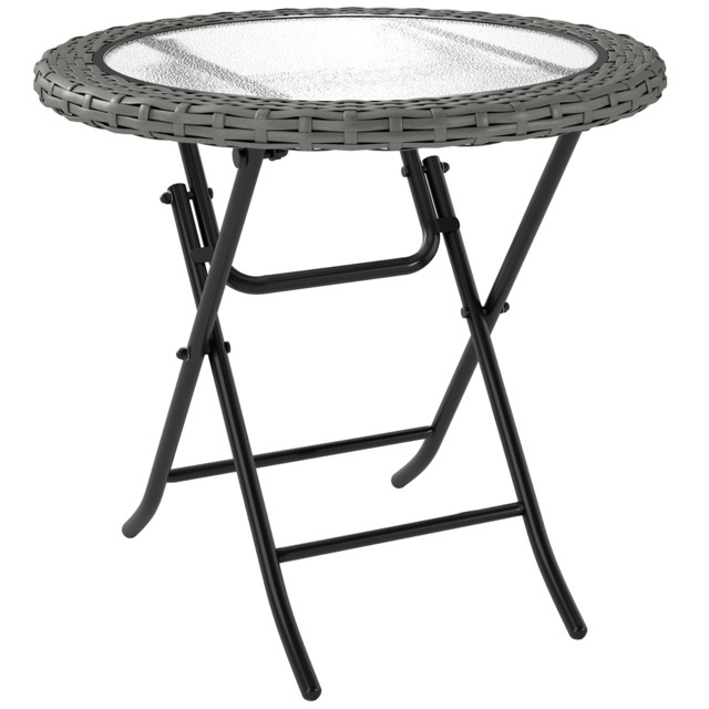 Outsunny Folding Round Tempered Glass Garden Table with Grey Rattan ...