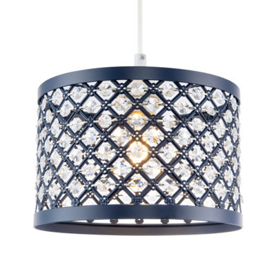 Happy Homewares Modern Ornate Navy Blue Metal Pendant Shade With Clear ...