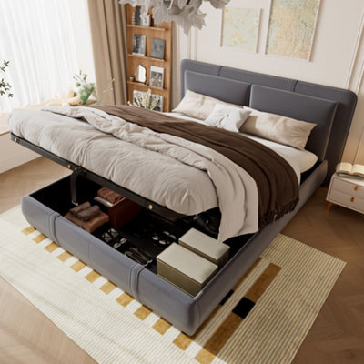Btm 4Ft6 Double Upholstered Velvet Hydraulic Bed With Storage Removable ...