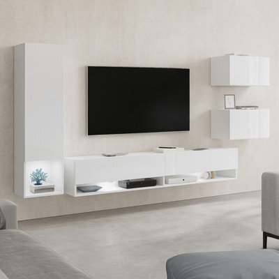 Amadeo Modern Wall Unit With Tv Cabinet And Hanging Storage White White ...