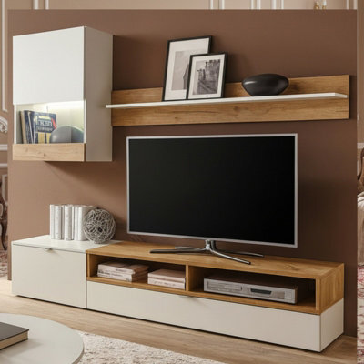 Roco Modern Modular Tv Wall Unit White And Golden Oak Finish With ...