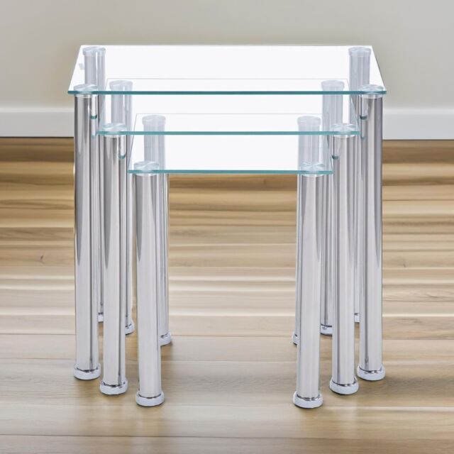 Pirlo Plush 3 Pc Glass Nesting Tables Living Room Furniture in Silver ...