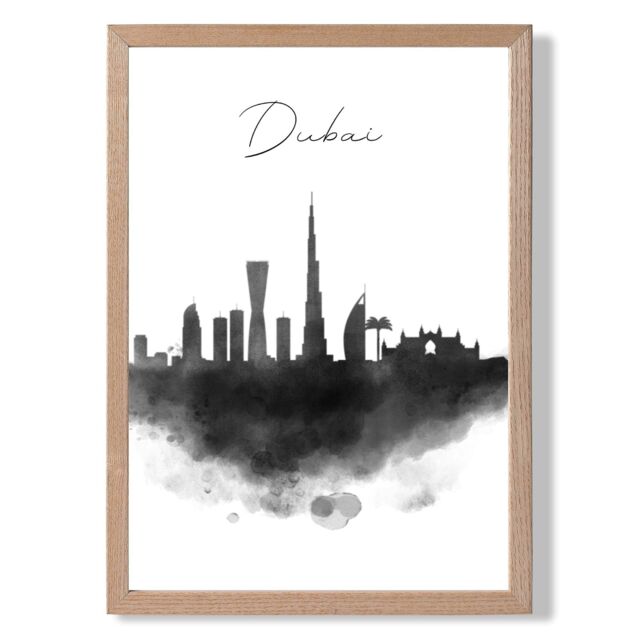 ARTZE Dubai Watercolour Skyline City Framed Print SIZE: A4 with Oak ...