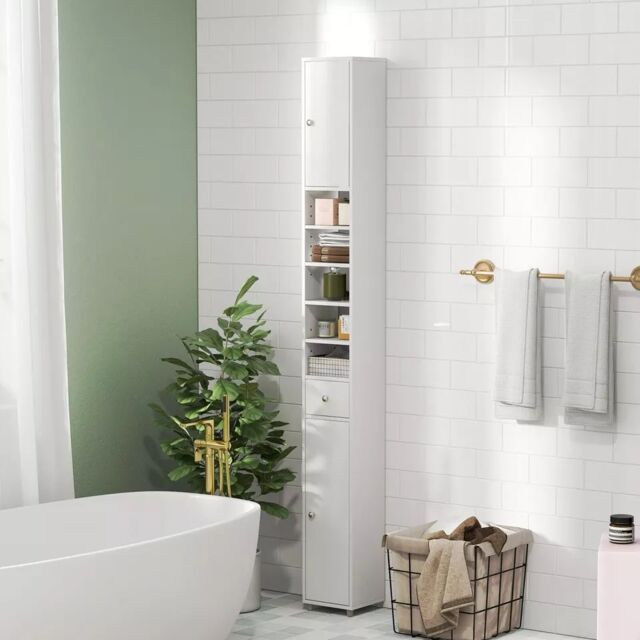 Wyld and Coco Tall Bathroom Cabinet with Multi Level Storage in White ...