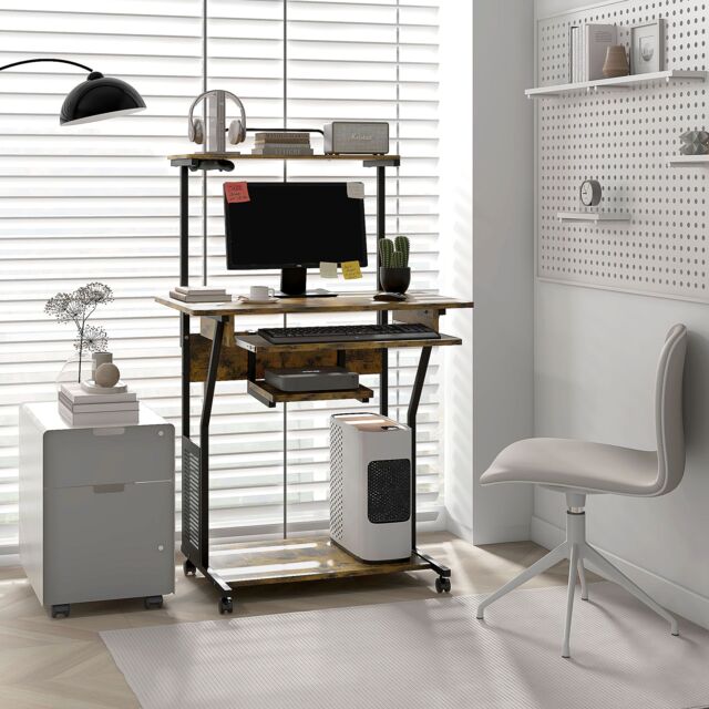 HOMCOM Mobile Computer Desk Industrial Study Table with Storage Shelves ...