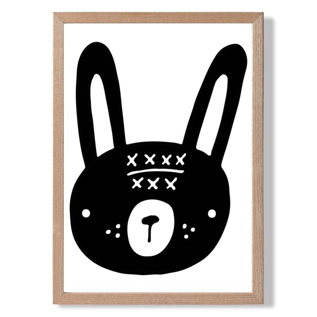ARTZE Cute Black Rabbit Scandi Animal Framed Print SIZE: A4 with Oak ...