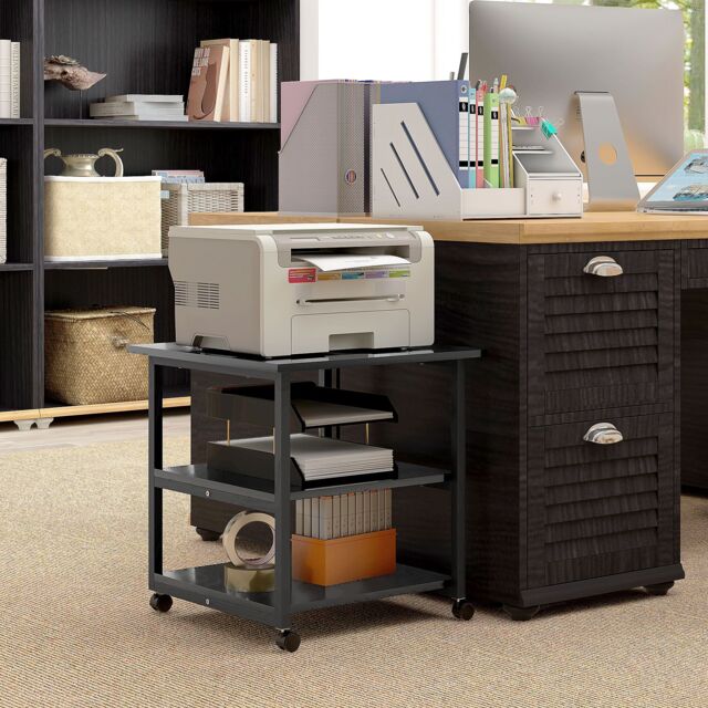 HOMCOM 3-Tier Printer Stand with Storage Shelf & Wheels Rolling Printer ...