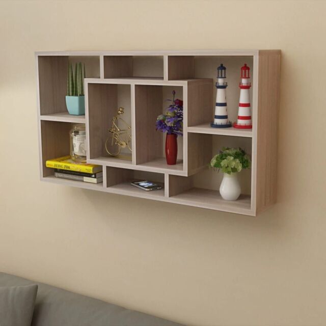 Berkfield Home Floating Wall Display Shelf 8 Compartments Oak Colour in ...