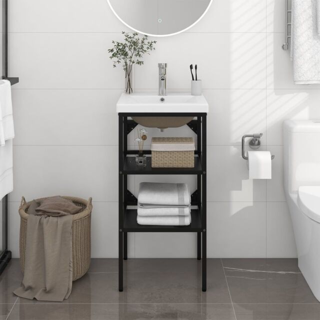 Berkfield Home Bathroom Washbasin Frame with Built-in Basin Black Iron ...