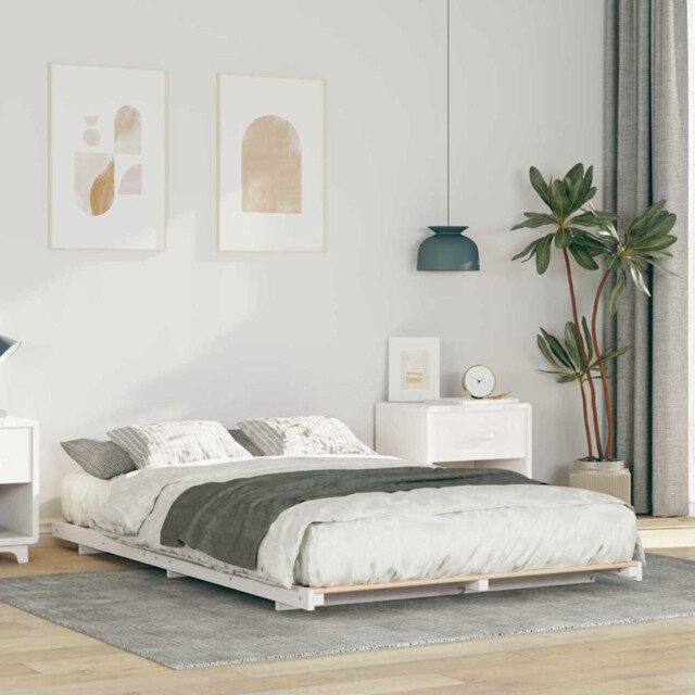 Floor Bed Frame White Solid Pine Wood Low Japandi 135 X 190 Cm by eBay ...