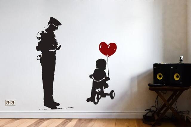 Banksy Wall Decal Cop & Girl With Heart Balloon, Tricycle Cop Graffiti ...