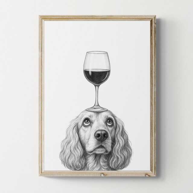 Cocker Spaniel Dog Art Print, Funny & Wine Drawing, Lover Wall Decor ...