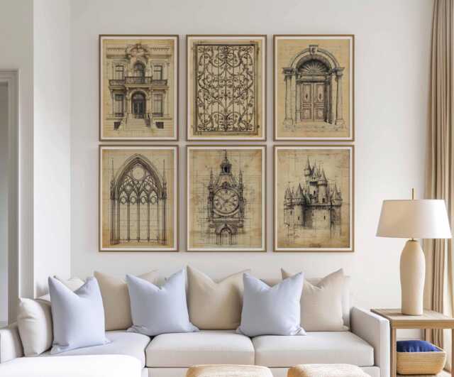 Set Of 6 Vintage Architectural Prints, Antique Building Blueprints ...