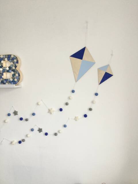Hand-Painted Kite Nursery Decor Pastel & Royal Blue, Wool Felt Stars by ...