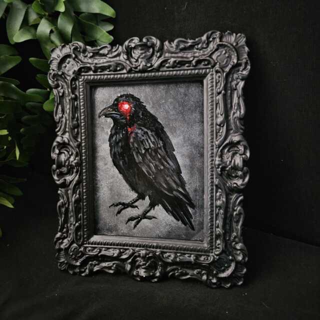 Framed Raven Painting, Wednesday, Gothic Art. in A Black Ornate, Hand ...