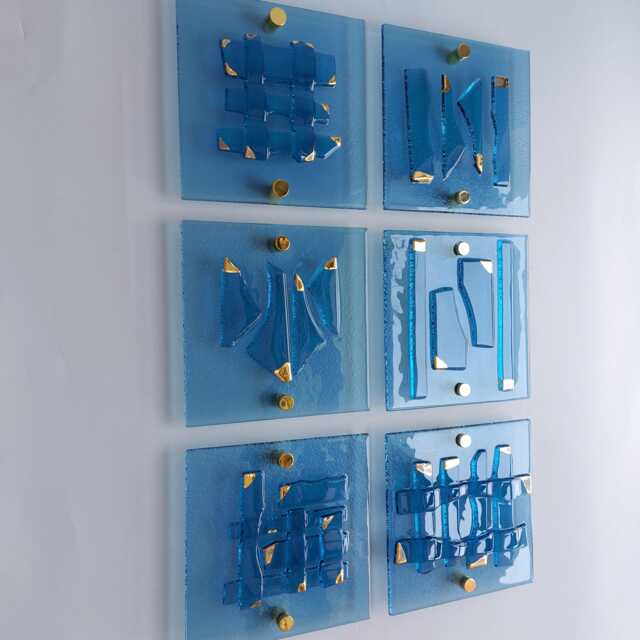 Glass Art Installation 6 Artistic Blue Fused Wall Panels With Gold ...