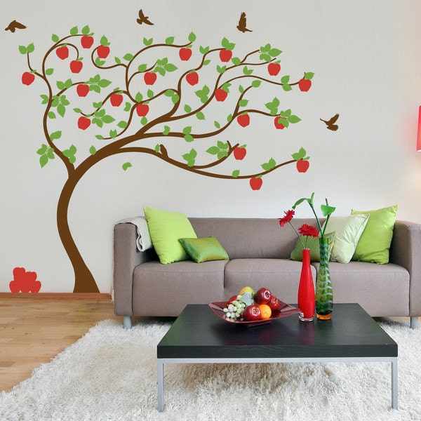 Apple Tree Vinyl Wall Decal Leaning With Birds - 82x75 Inches by Etsy ...