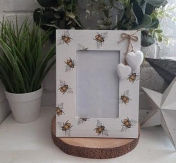 stunning Bumblebee Decoupaged Photo Frame. With Handing Wooden Hearts ...