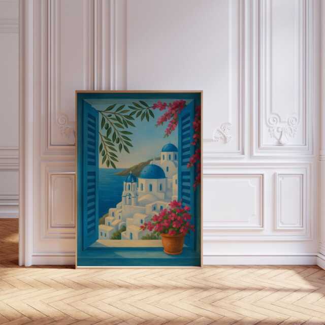 Santorini Greece Art Print Blue Domes Coastal Window View by Etsy ...
