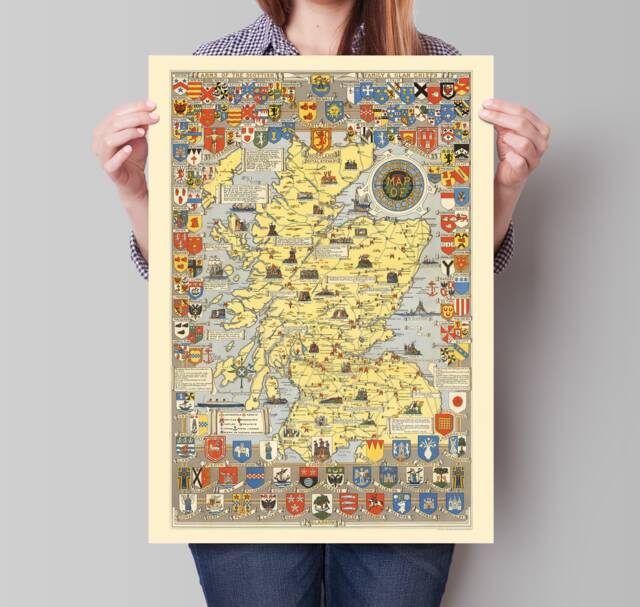 Historical Map Of Scotland - 1950 Pictorial Scottish Family Coats-Of ...