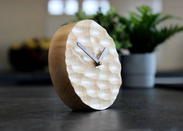 Wooden Table Clock. Desk Timepiece With Carved Texture, Office Gift by ...