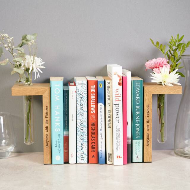 Personalized Solid Oak Bookends With Vase Unique Floral Book Holder by ...