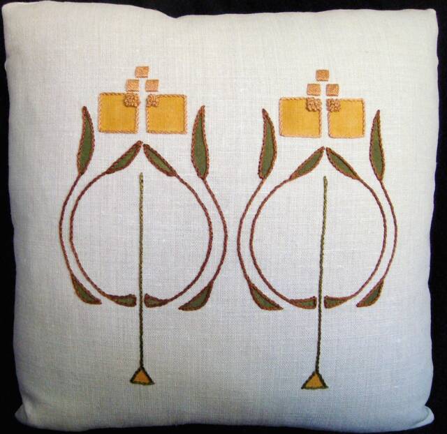 Stylized Bud Flower Pillow, Stenciled & Hand Embroidered, Roycroft ...