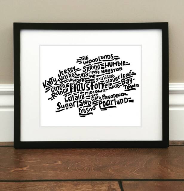 "Houston Metro Map Art Print Hand-Drawn Black & White - 8.5"" X 11" by ...