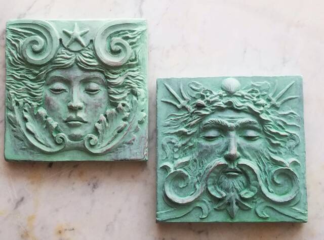 Sea Goddess & God Tiles in The Verdigris Finish, 4x4 Inch Square, From ...