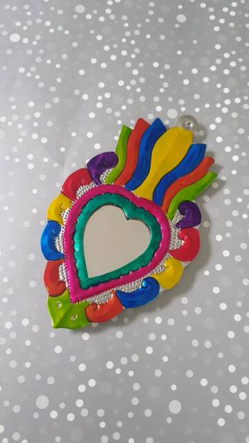 Milagro Sacred Heart, Mexican Kitsch Rainbow Tin Heart Ornament, Mirror ...