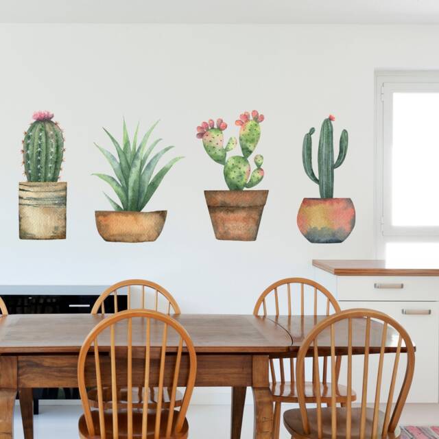 Plant Wall Sticker - Set Of 4 Watercolour Cactus Plants Decal Art ...