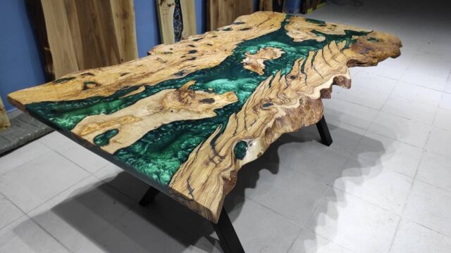 Live Edge Olive Wood Dining Table, Emerald Green Epoxy Resin Office ...