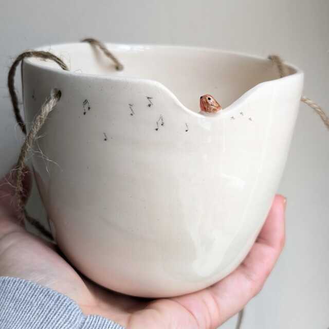 Hanging Planter With Robin & Musical Notes Bird Prints in White Ceramic ...