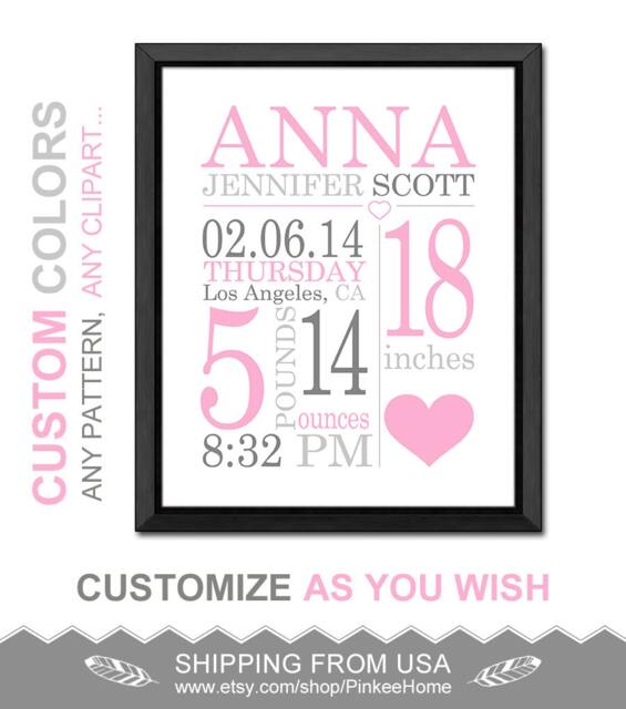 Custom Baby Birth Stats Print Pink & Gray Nursery Decor by Etsy ...