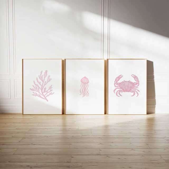 Pink Sea Life Wall Art Set Of 3, Crab Jellyfish & Coral Print Trio ...