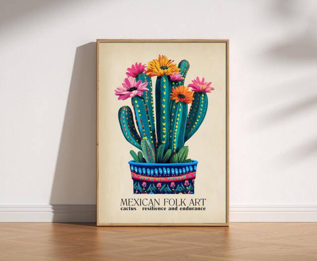 Mexican Cactus Folk Art Print Vibrant Desert Flowers Poster by Etsy ...