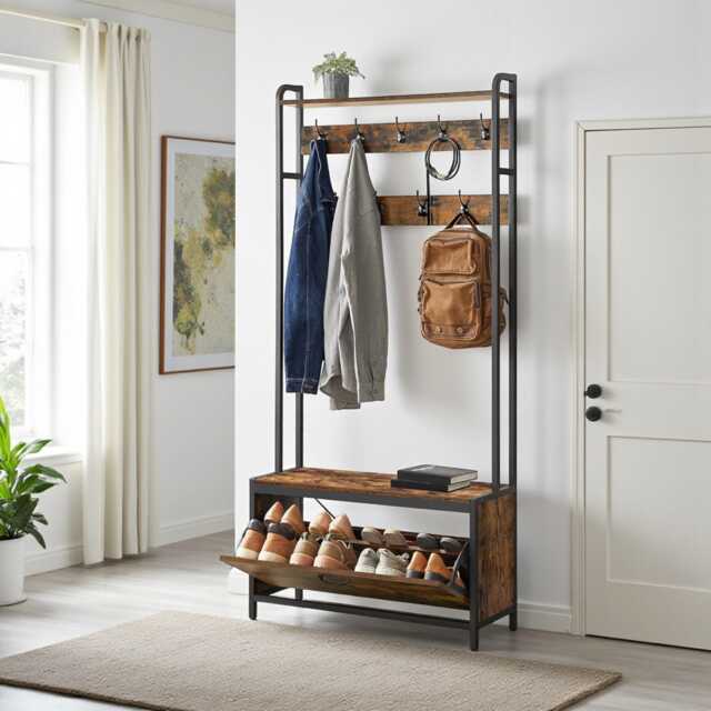 Industrial Stlye Rustic Hall Tree With Shoe Storage Farmhouse Coat Rack ...