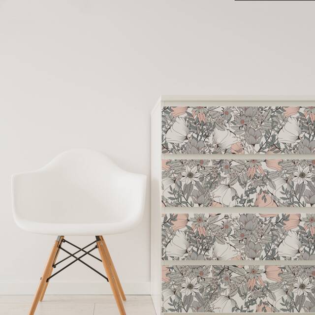 Pink & Grey Floral Stickers - Ikea Hack For Malm Drawers Furniture Wall ...
