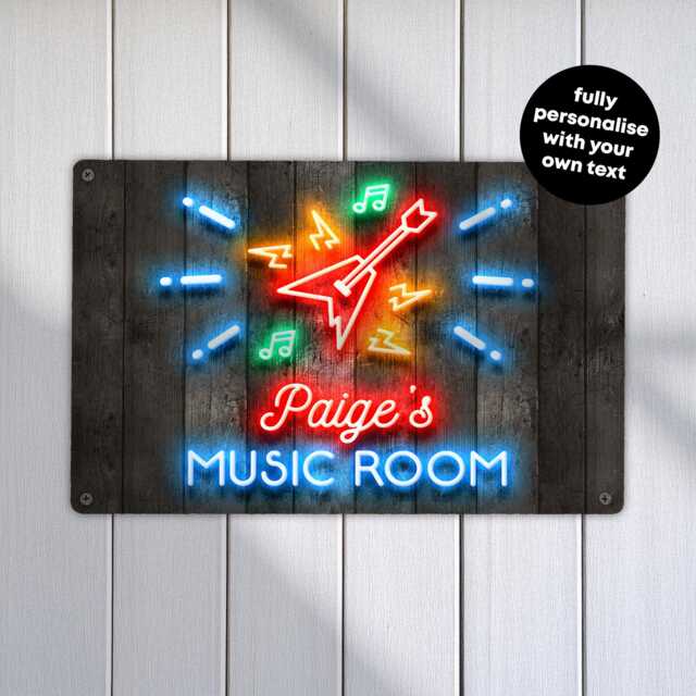 Personalised Neon Effect Music Room Sign Custom Guitar Metal Wall Art ...