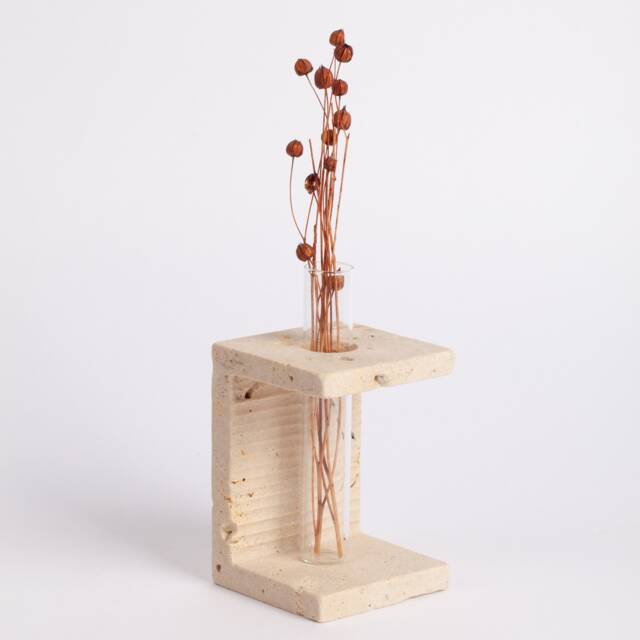 Handmade Beige Travertine Planter With Glass Tube C-Shaped Stone Vase ...