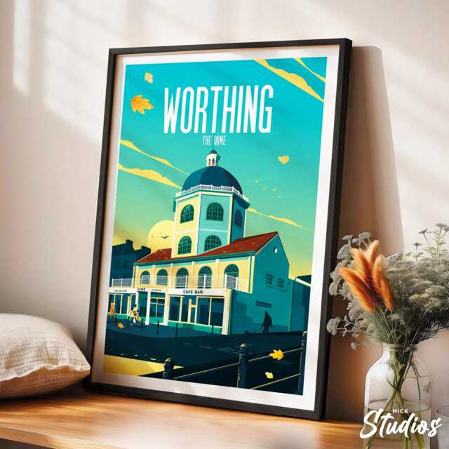 Worthing Traditional Travel Print - The Dome, Poster, Pier, Dome Cinema ...