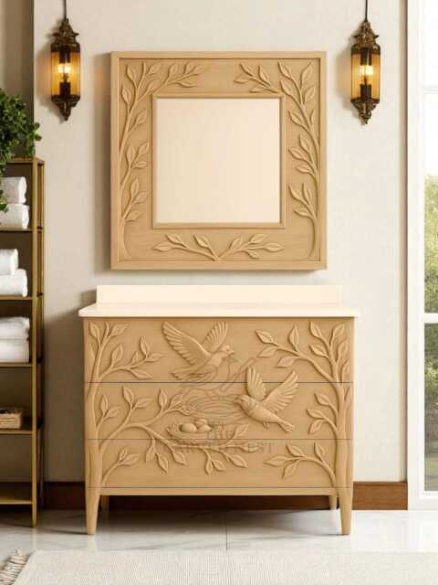 Free Tariff Handcarved Wooden Vanity With Birds & Tree Rustic Bathroom ...