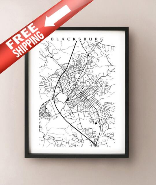 Blacksburg Map Art - Virginia Poster Print Black & White Wall Decor by ...