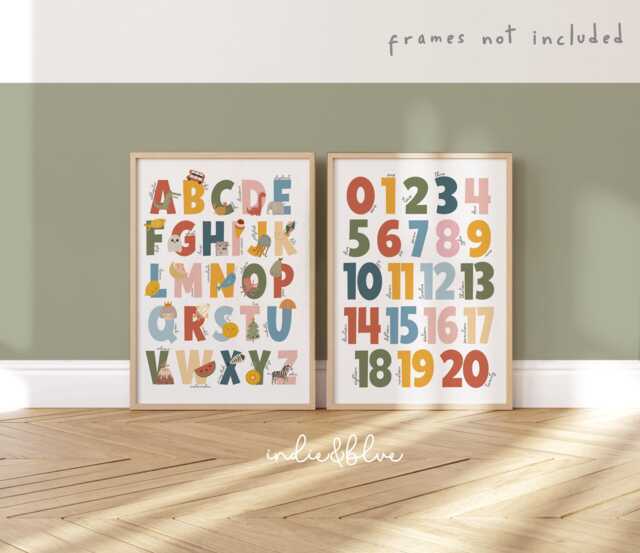 Alphabet & Numbers Print Set, Rainbow Educational Prints, Neutral ...