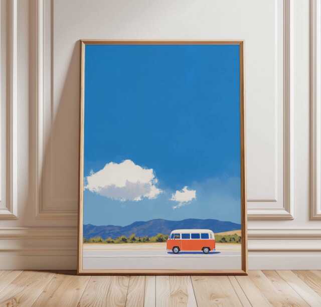 Retro Vw Van Poster - Road Trip Travel Art, Vintage Orange in Desert ...