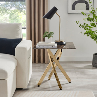 Leonardo Square Brown/Grey Marble Glass & Gold Side Table by ...