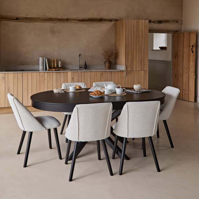Amelia Black Oak Oval Extending Dining Table Set - 6 Seater - Freya Oat ...