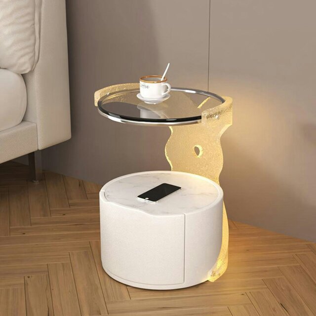 Rackhams Hutton Round Bedside Table With Storage & Light Strip - White ...
