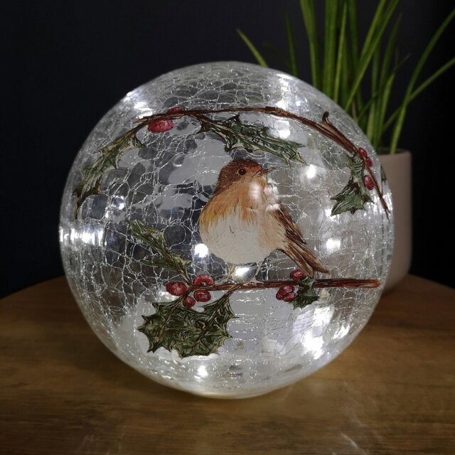 Rackhams 20cm Festive Christmas Crackle Effect Glass Robin LED Light ...